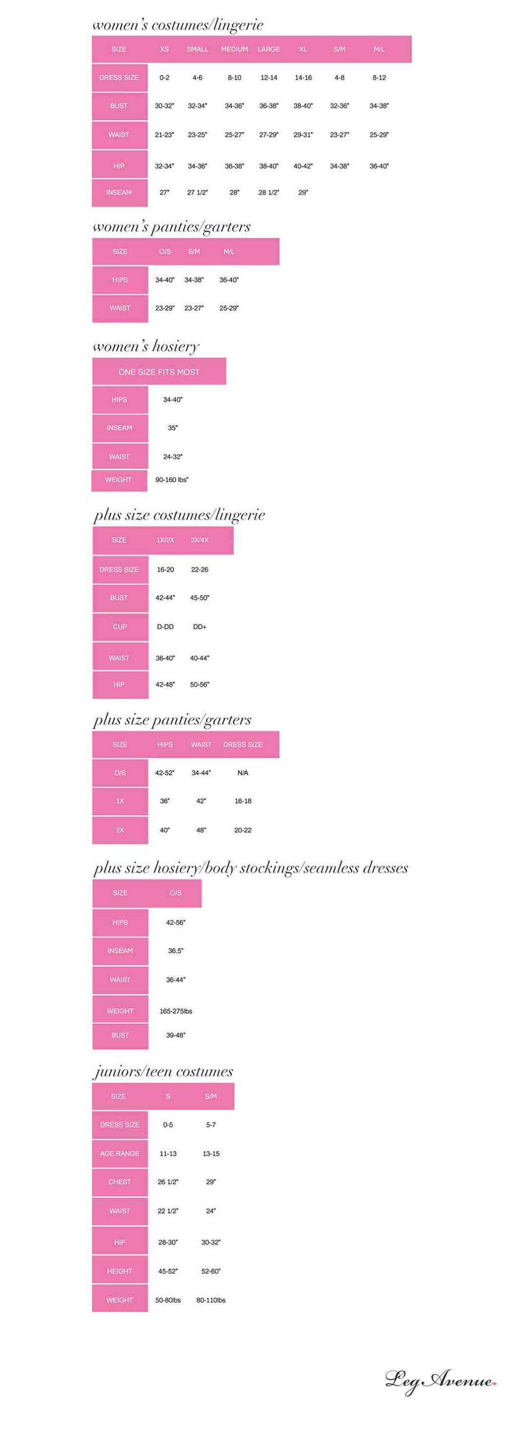 LA – Size Chart | Cici Rayne Boutique - We Sell Lingerie